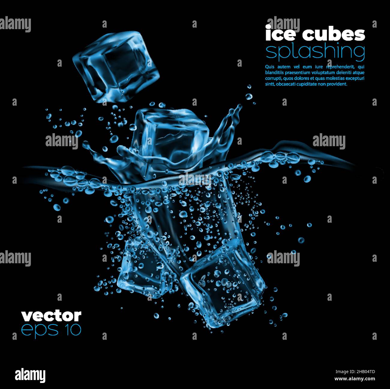 Ice cubes falling to transparent water. Corona water splash and frozen ice cubes on black ...