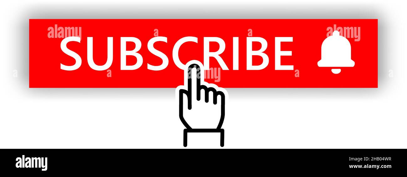 Subscribe button and hand cursor. Red subscribe button with notification bell to video channel ...