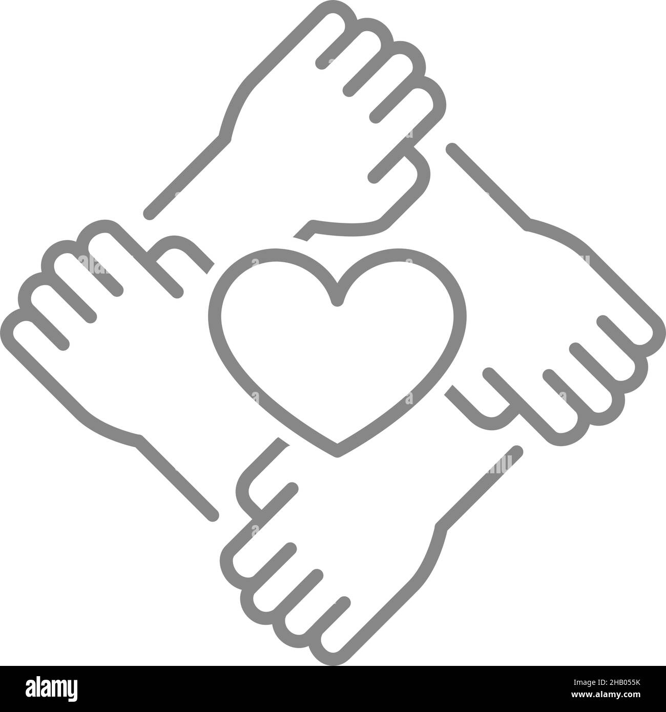 Heart and four hands line icon. Donation, solidarity symbol Stock ...