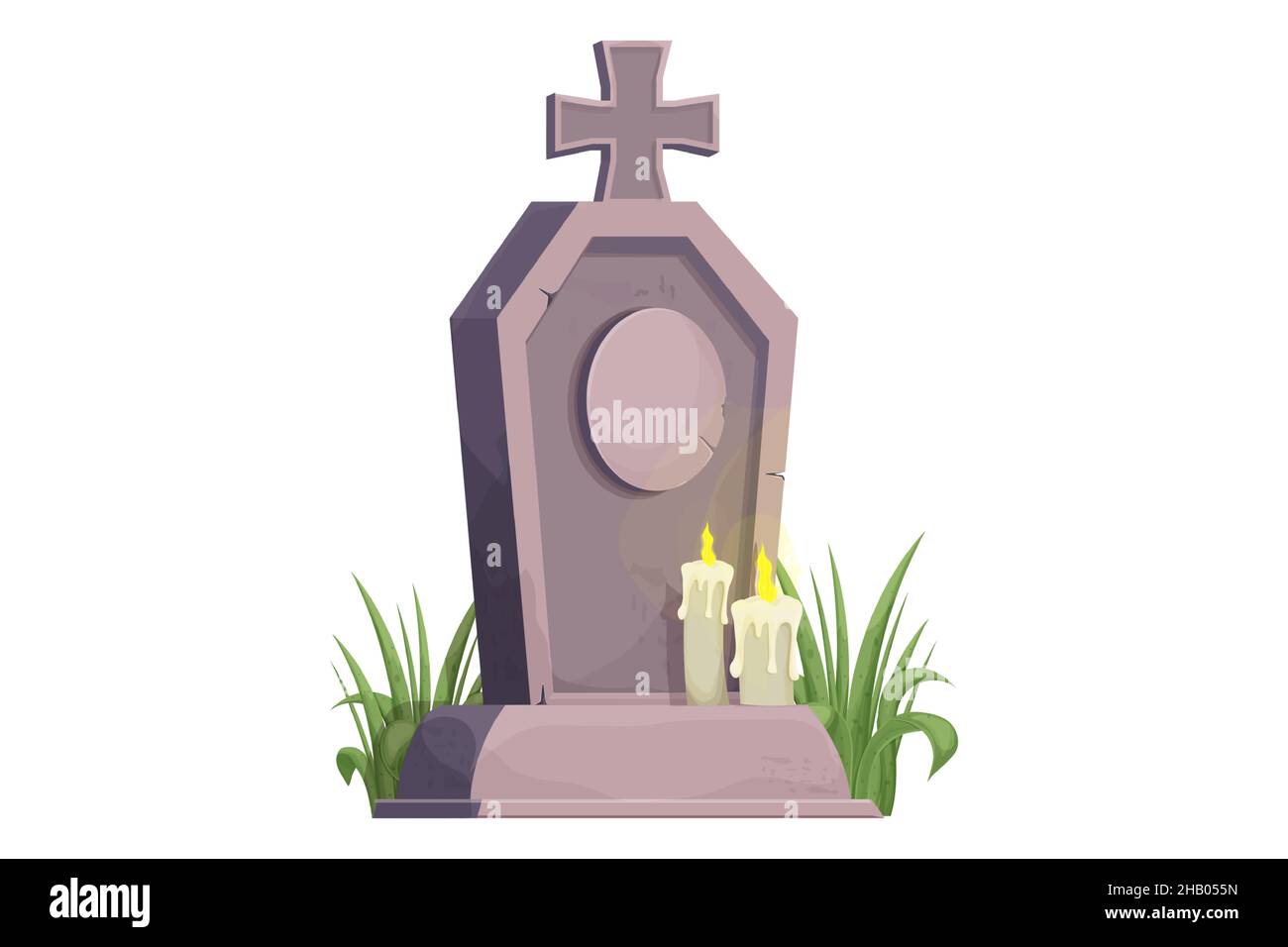 Stone grave, memorial with grass and candles in cartoon style isolated ...