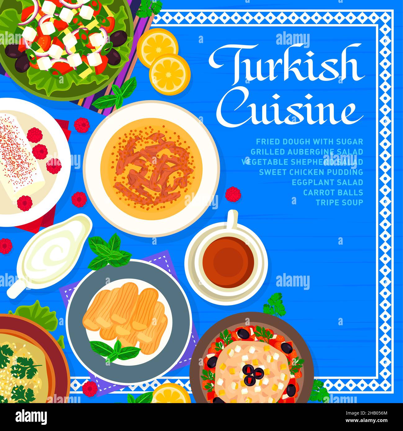 Turkish cuisine menu cover template with food dishes and meals of ...