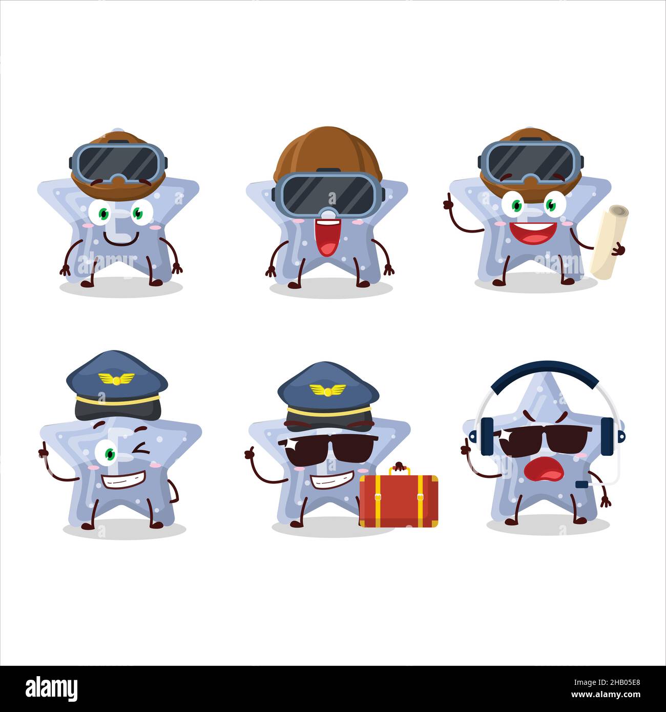 Pilot cartoon mascot star blue gummy candy E with glasses. Vector ...