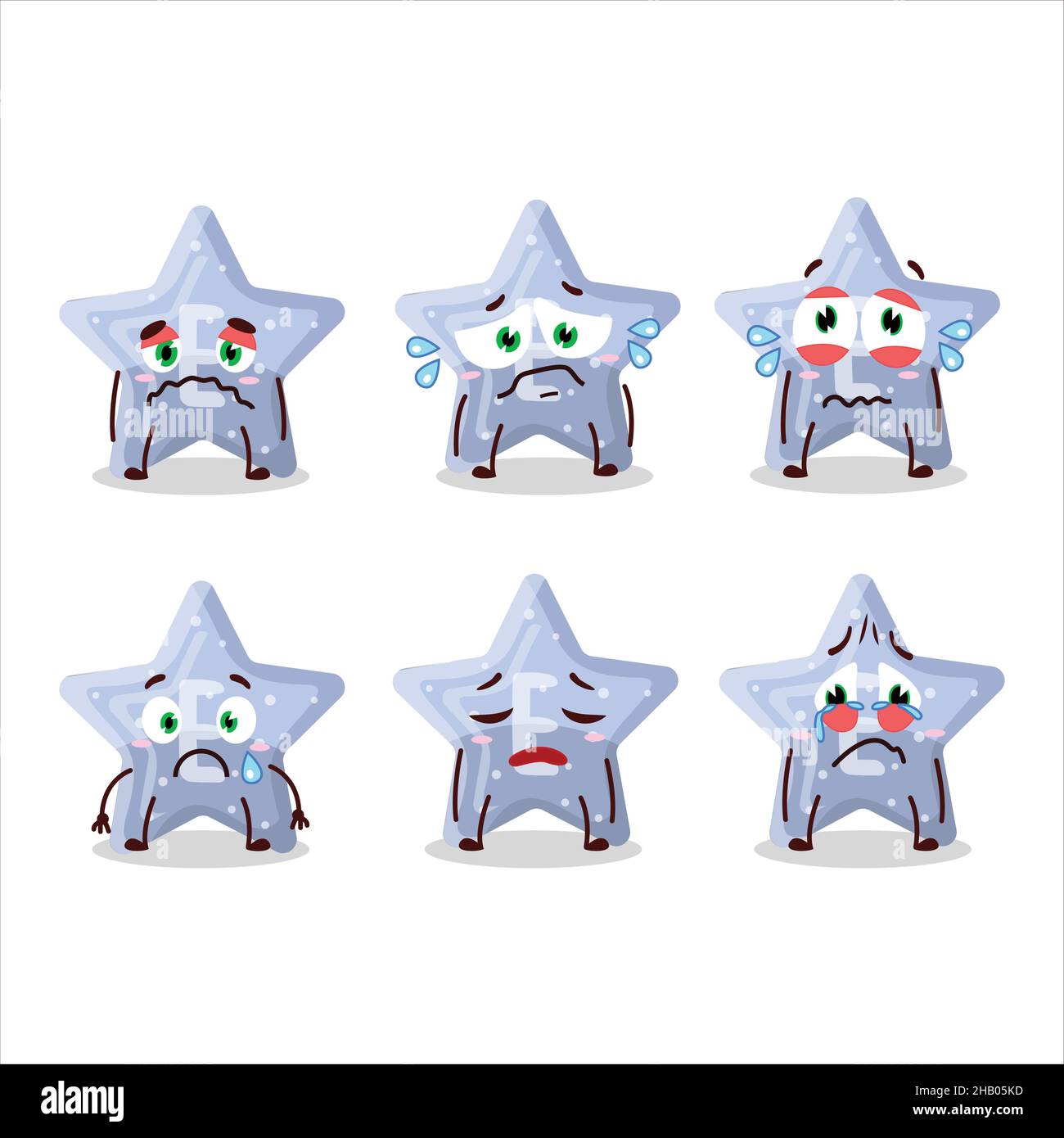 Star blue gummy candy E cartoon character with sad expression. Vector ...