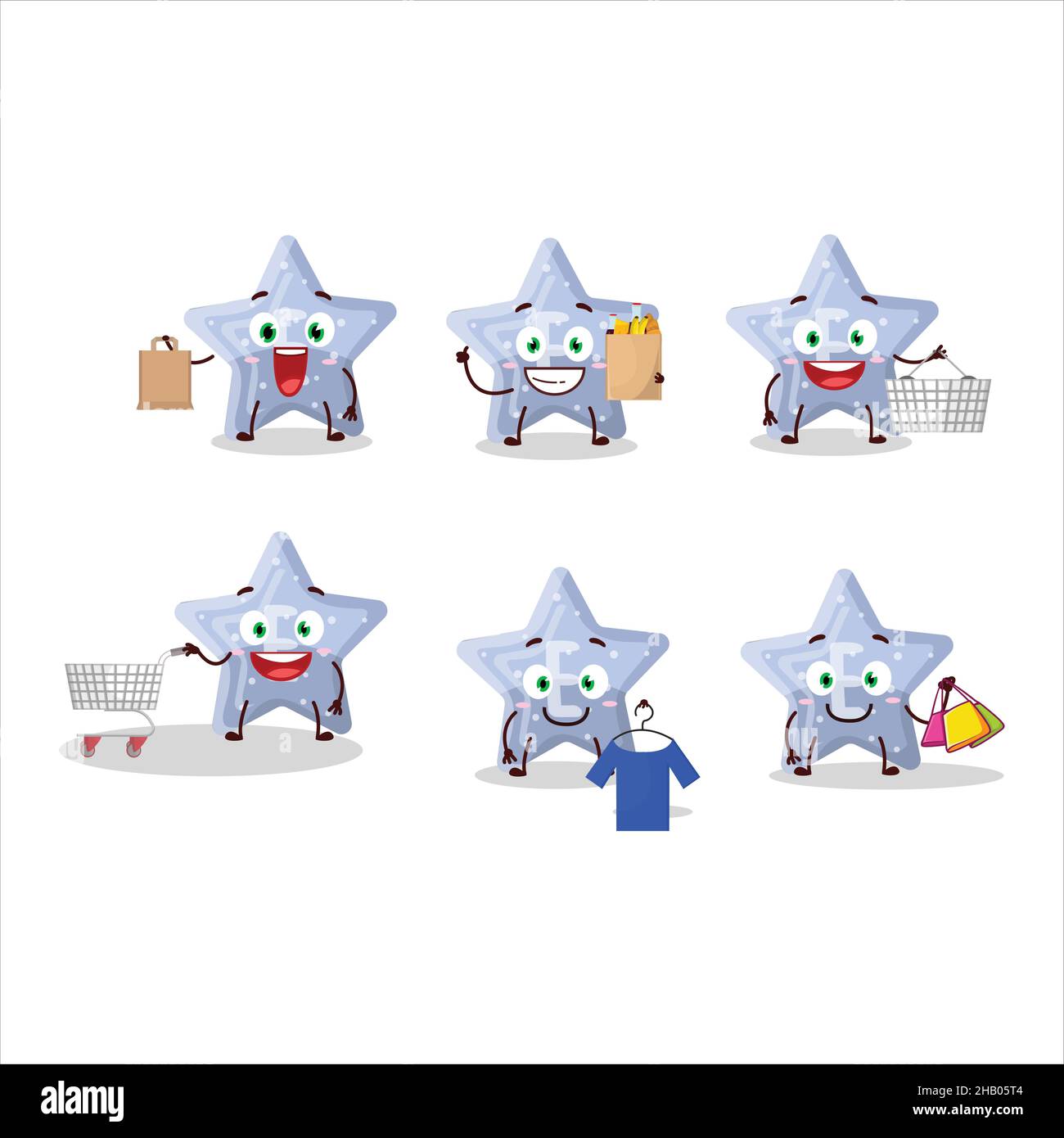 A Rich star blue gummy candy E mascot design style going shopping ...