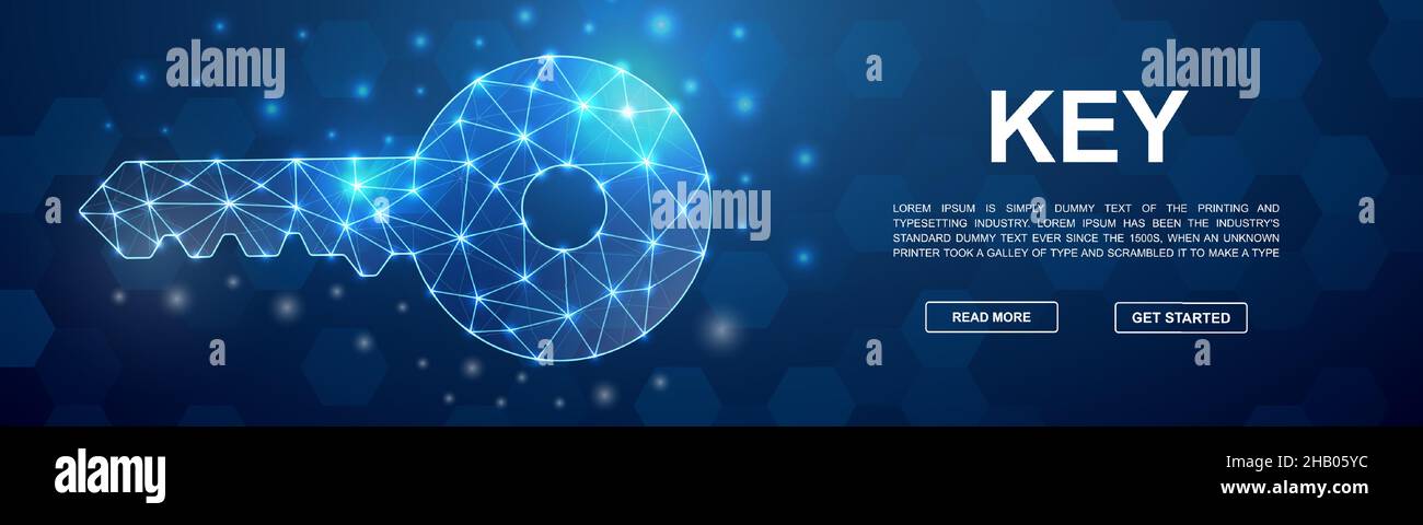 3d Key low poly symbol for blue head promotion banner. Security design template illustration ...