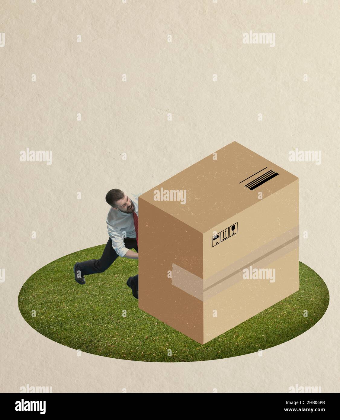 Contemporary art collage of man pushing heavy and huge cardboard box ...