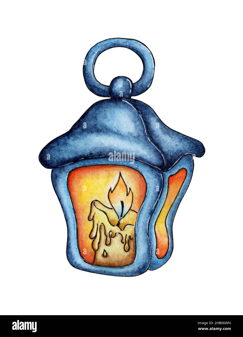Watercolor painting traditional old lantern with candle. A fabulous ...