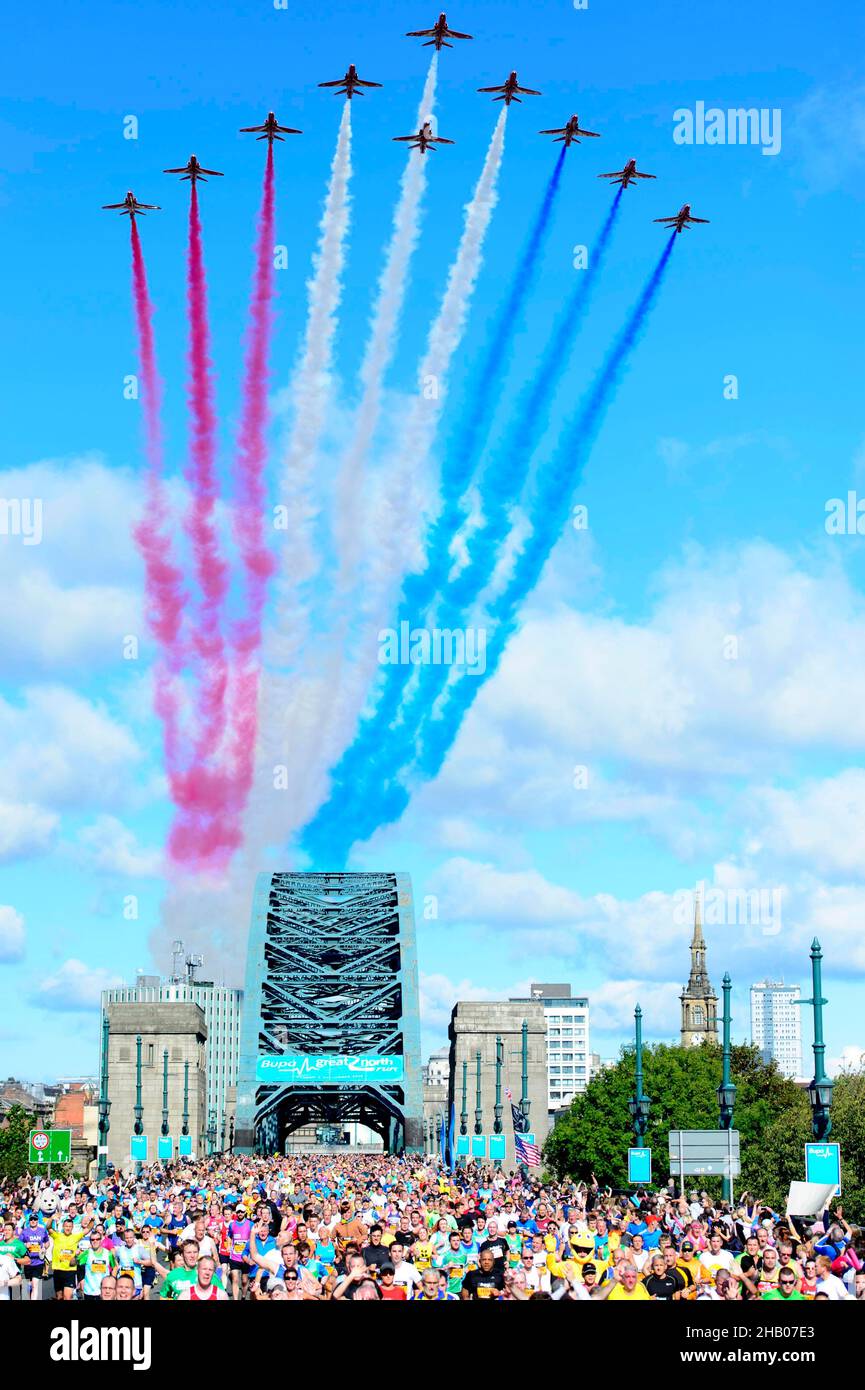 File photo dated 7/9/2014 of the Red Arrows fly over the Tyne Bridge ...