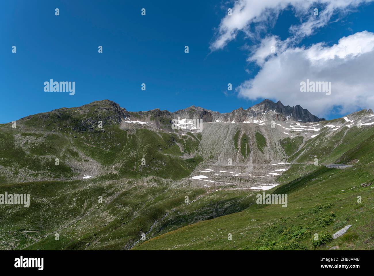 Alpine landscape at the Nufenen Pass with the mountain Pizzo Gallina ...