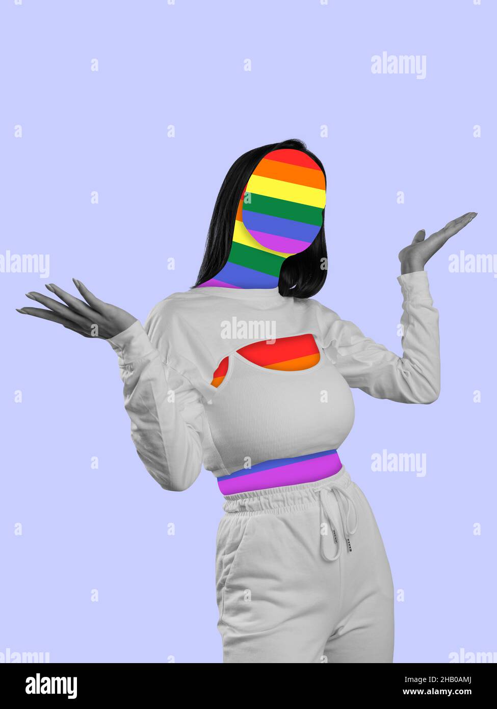 Contemporary art collage of girl with lgbtqia flag instead face ...