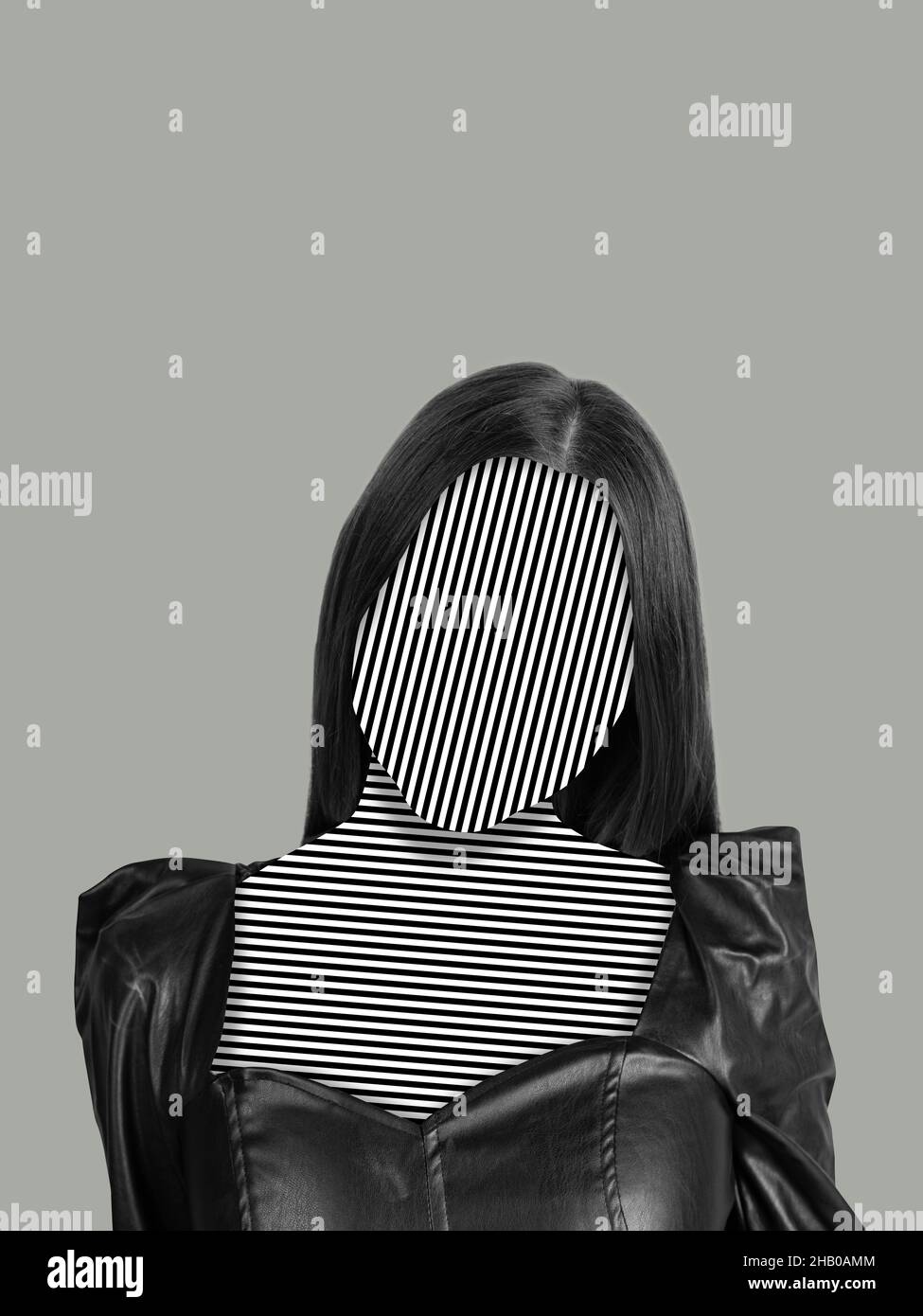 Contemporary art collage of young faceless girl isolated over gray ...