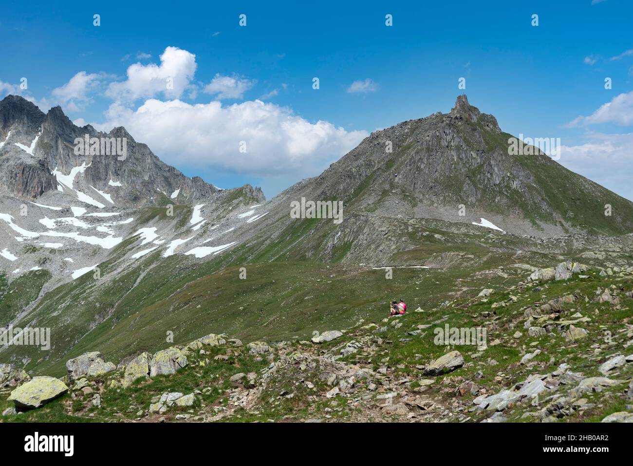 Alpine landscape at the Nufenen Pass with the mountains Piizzo Gallina ...