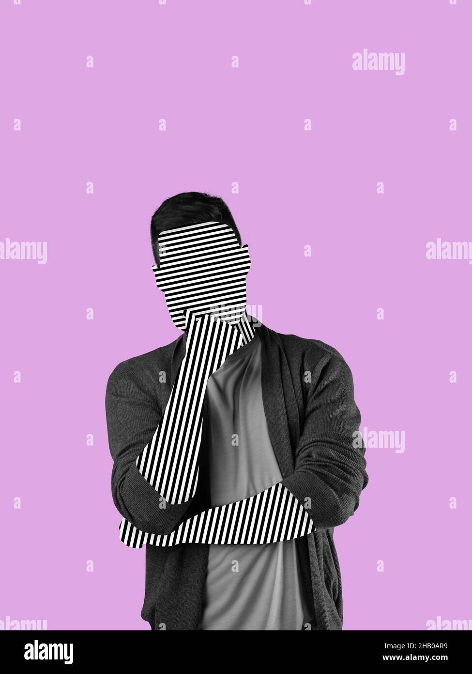 Contemporary art collage of man with faceless part isolated over pink ...