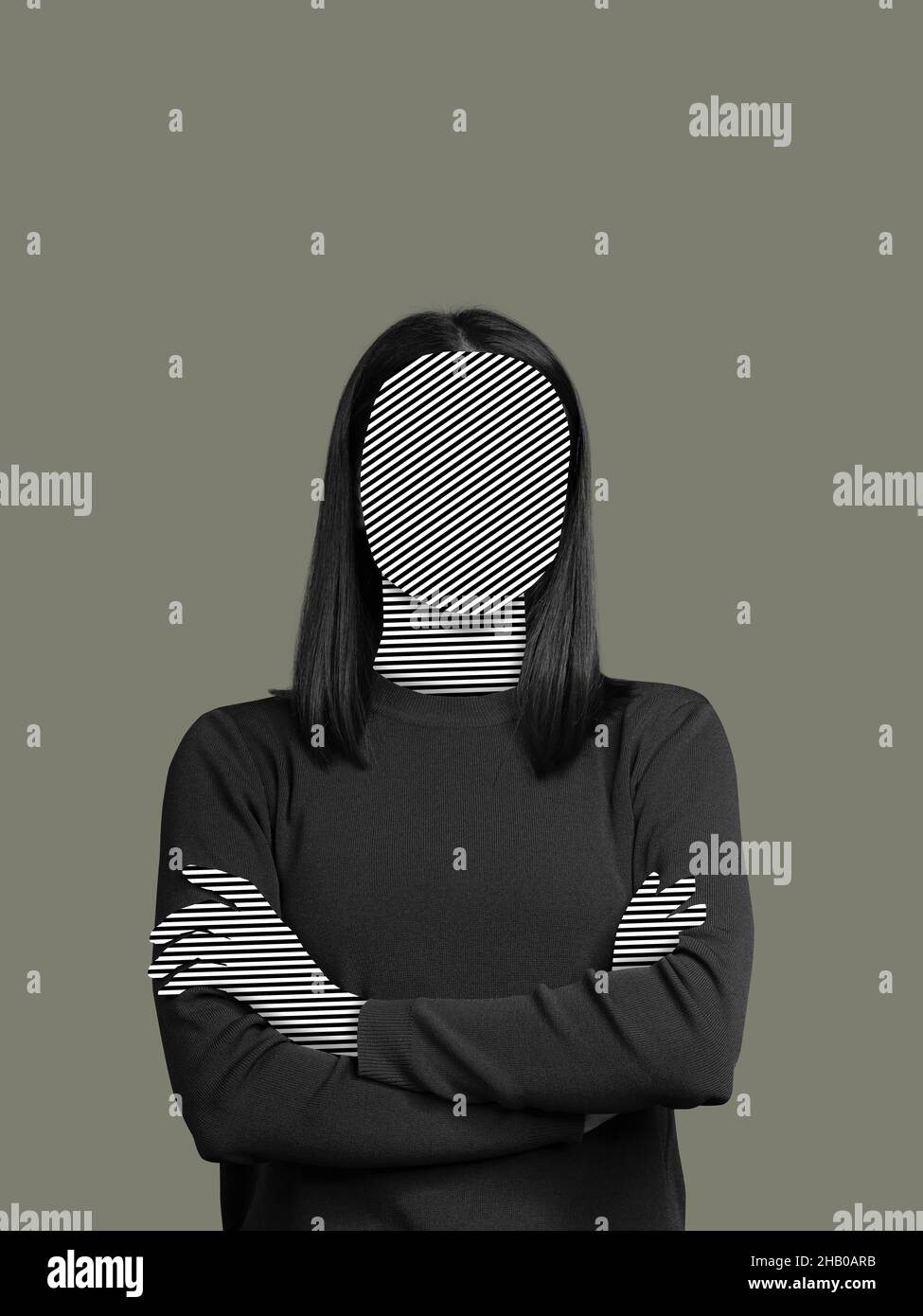 Contemporary art collage of young faceless girl isolated over dark gray ...