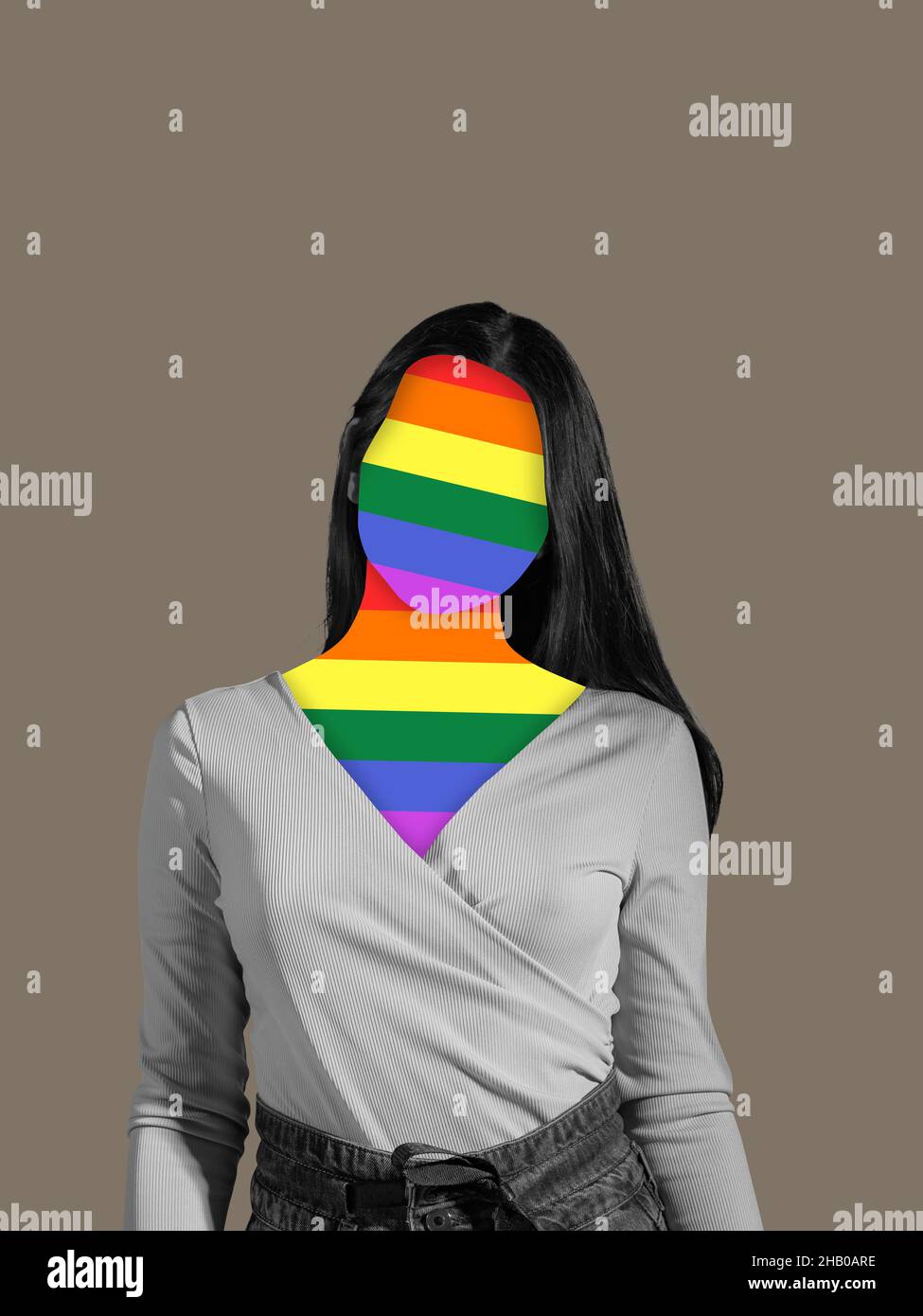 Contemporary art collage of faceless woman with lgbt flag colors ...