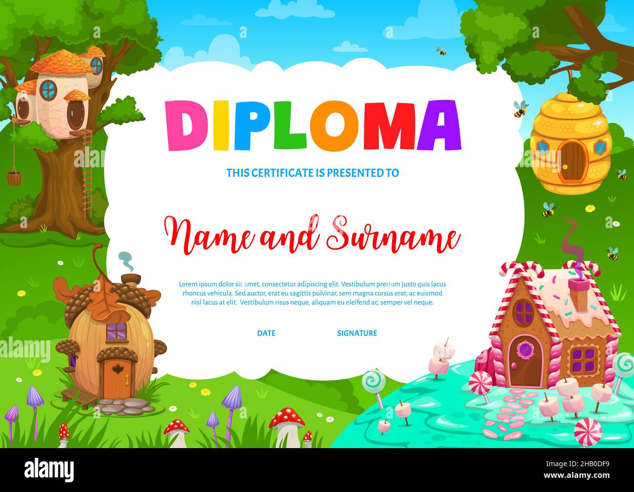 Kids diploma. Acorn and nest, honeycomb and caramel cartoon fairy ...