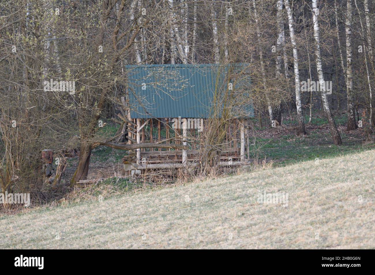 Animal feeder rack with hay for wildlife animal in winter Stock Photo ...
