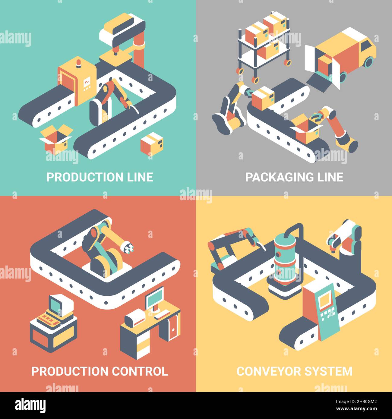 Conveyor vector flat isometric poster set Stock Vector Image & Art - Alamy