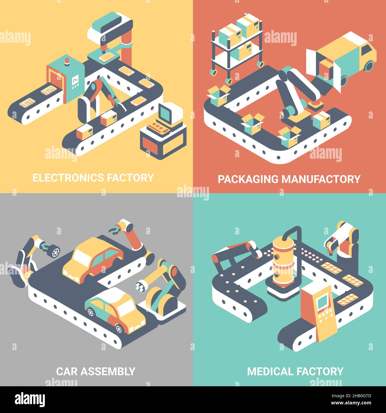 Factory automation concept vector flat isometric poster set Stock ...