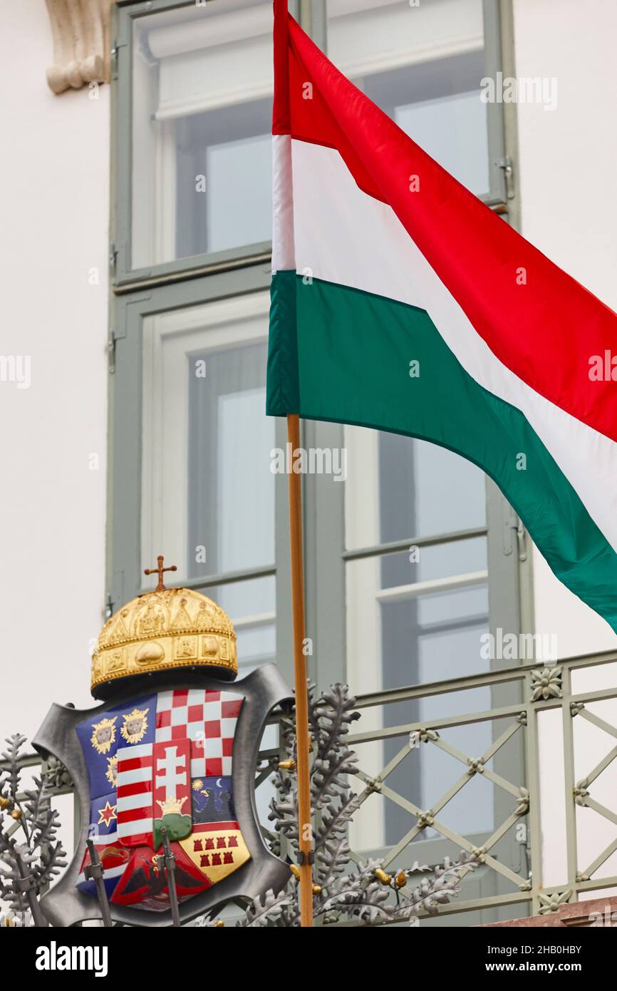 Hungarian flag and shield. Patriotic heraldic symbol. European nation ...