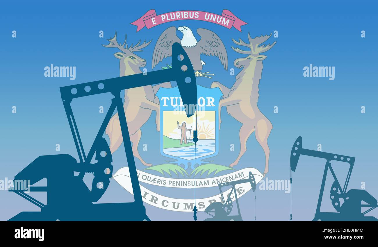 silhouette of oil pump against flag of Michigan state USA. Extraction ...