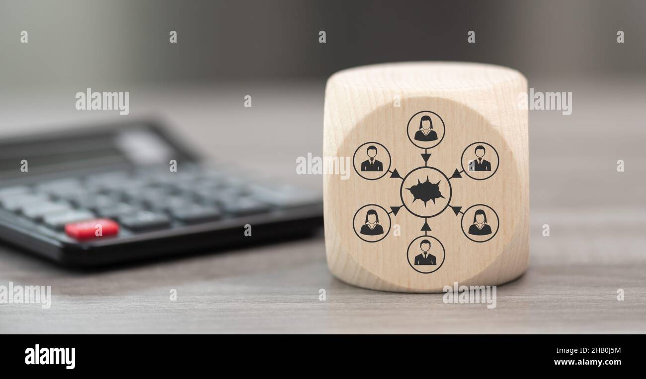 Wooden block with symbol of meeting concept and calculator on ...