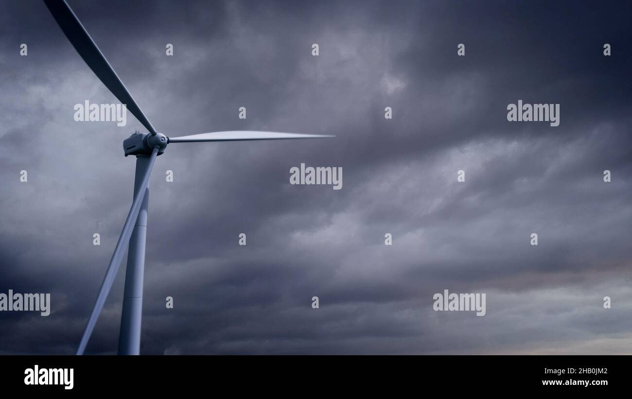 ecological wind mill generator on massive clouds bg, fictitious ...