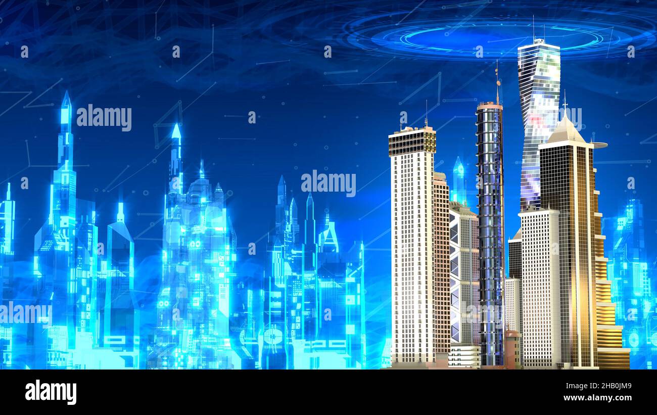 metaverse bg - city integrated in digital world - abstract 3D ...