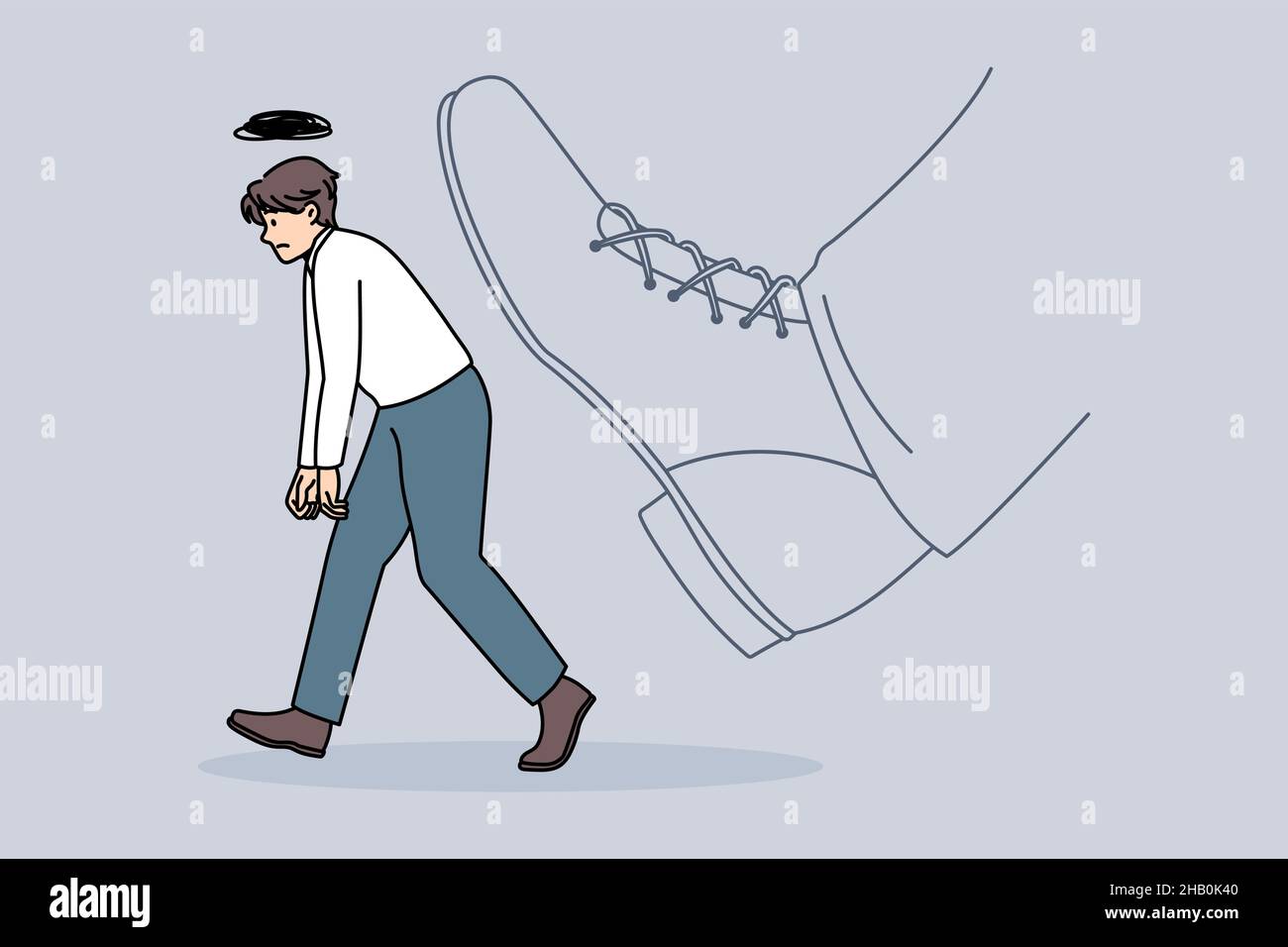 Being fired and kicked out concept. Young stressed sad man worker ...