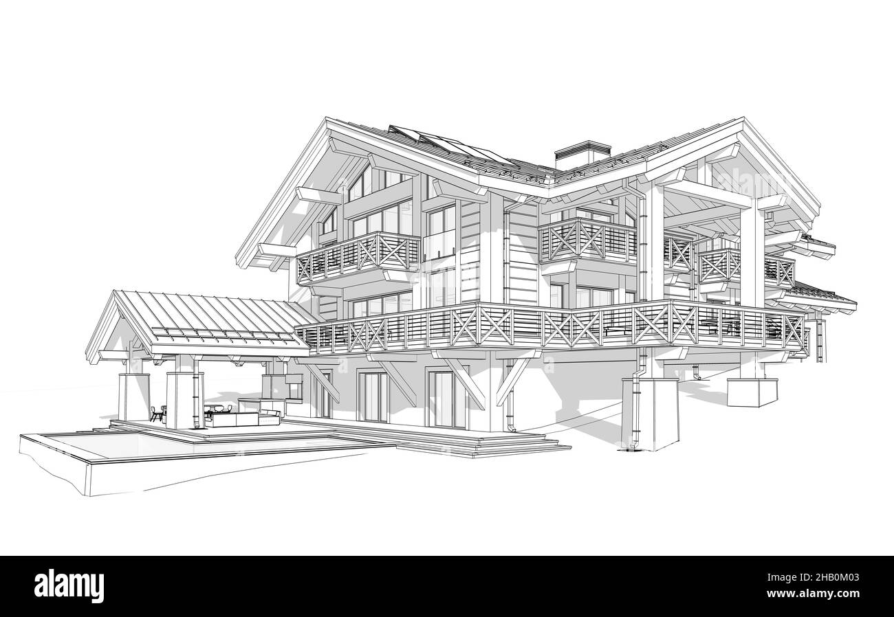 3d rendering of modern cozy chalet with pool and parking for sale or ...