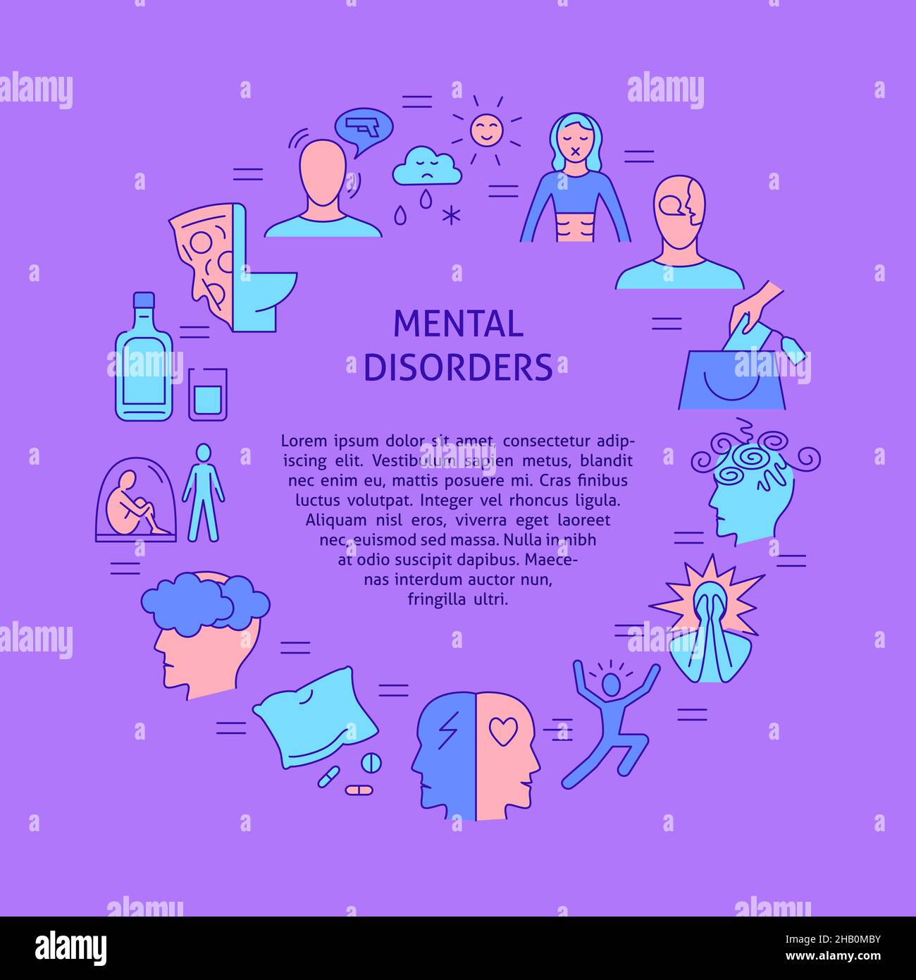 Mental disorders round concept banner in colored line style ...