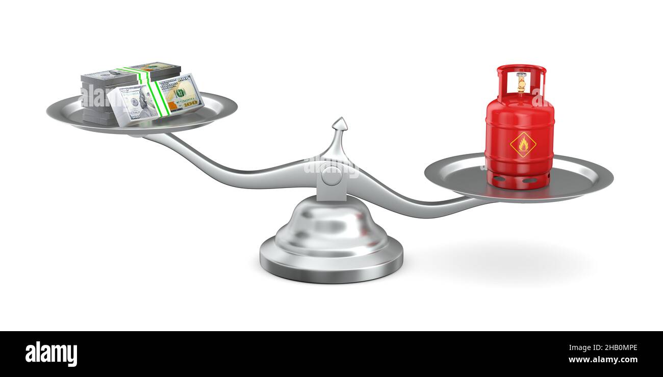 gas cylinder and money on scale. Isolated 3D illustration on white ...