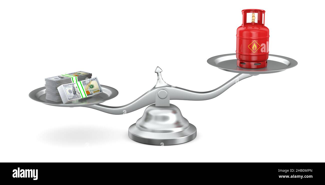 gas cylinder and money on scale. Isolated 3D illustration on white ...