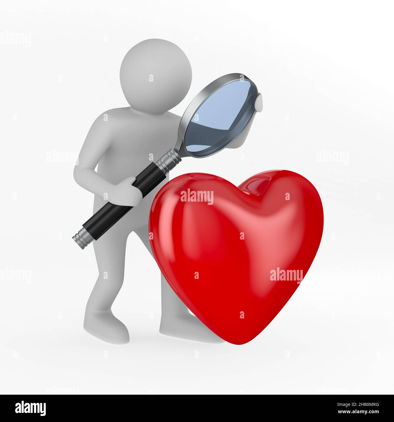 man with magnifier and heart on white background. Isolated 3D ...