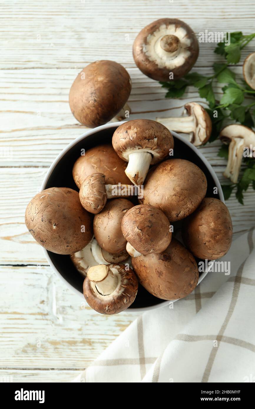 Concept of tasty food with champignon on white Stock Photo - Alamy