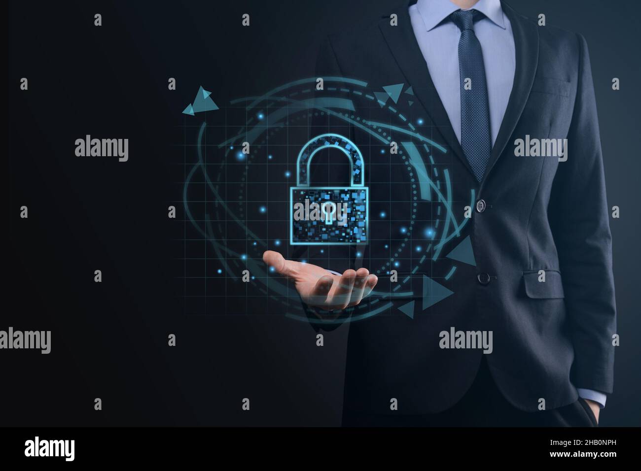 Cyber security network. Padlock icon and internet technology networking. Businessman protecting ...