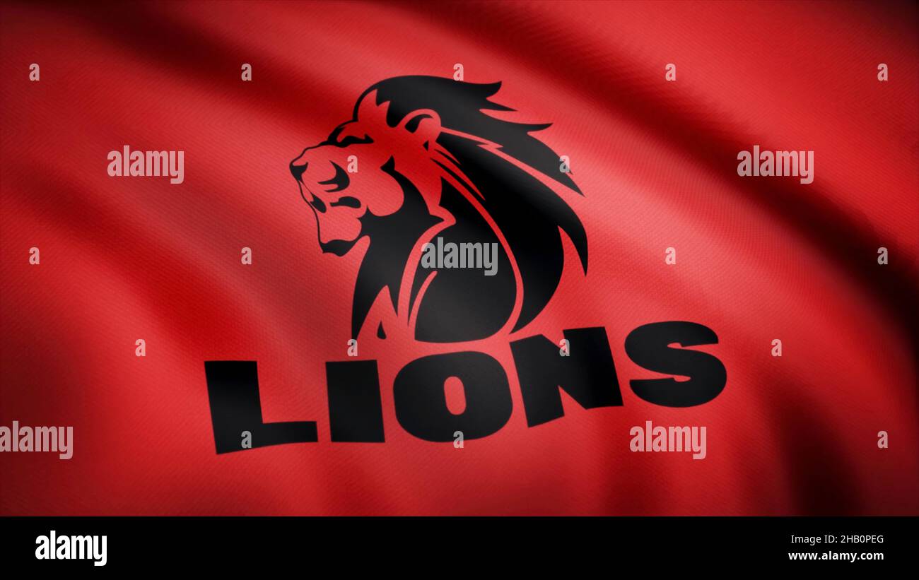 Waving in the wind flag with the symbol of the Rugby team the Lions ...