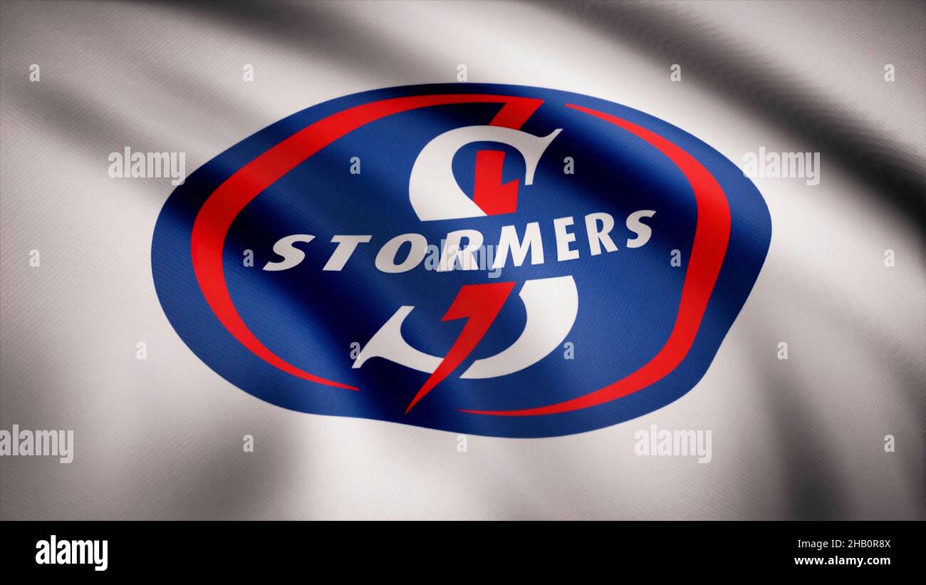 Waving in the wind flag with the symbol of the Rugby team the Stormers ...