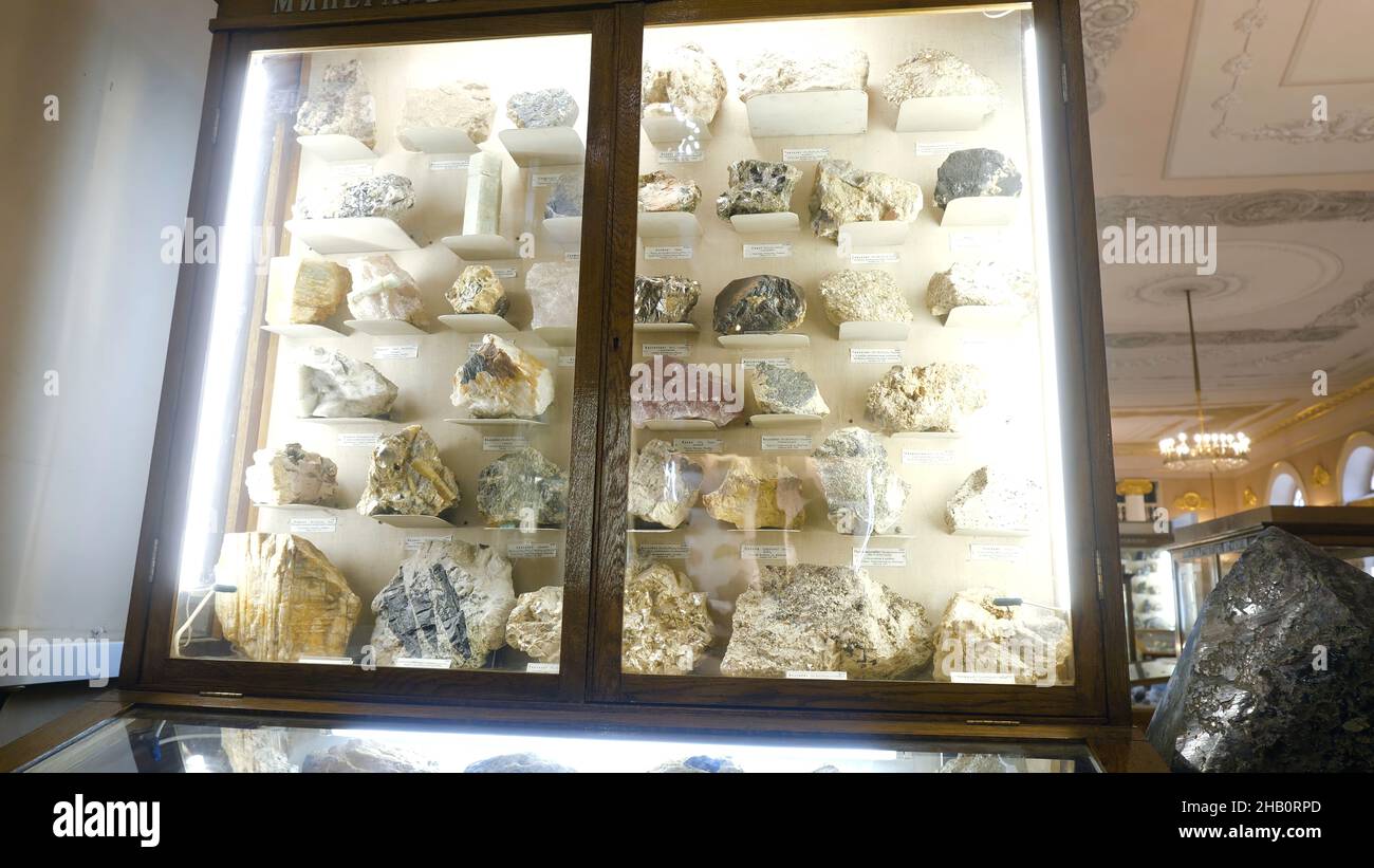 Various collections of mineral stones at the exhibition in the museum ...