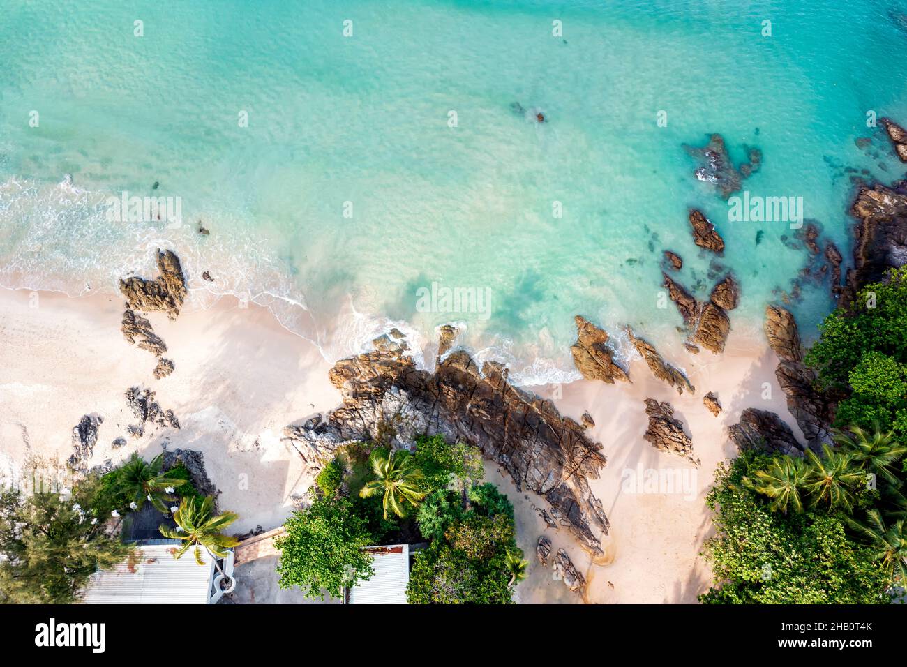 Aerial view top view Beautiful topical beach with white sand coconut ...