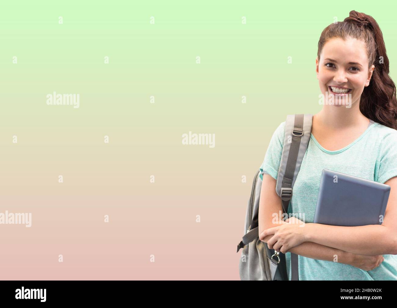 Portrait of caucasian female college student smiling with copy space on ...