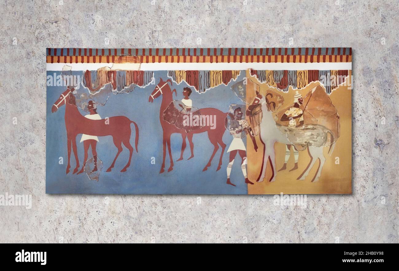 Mycenaean wall fresco of a warriors, horses and grroms, 1500-1400 BC ...