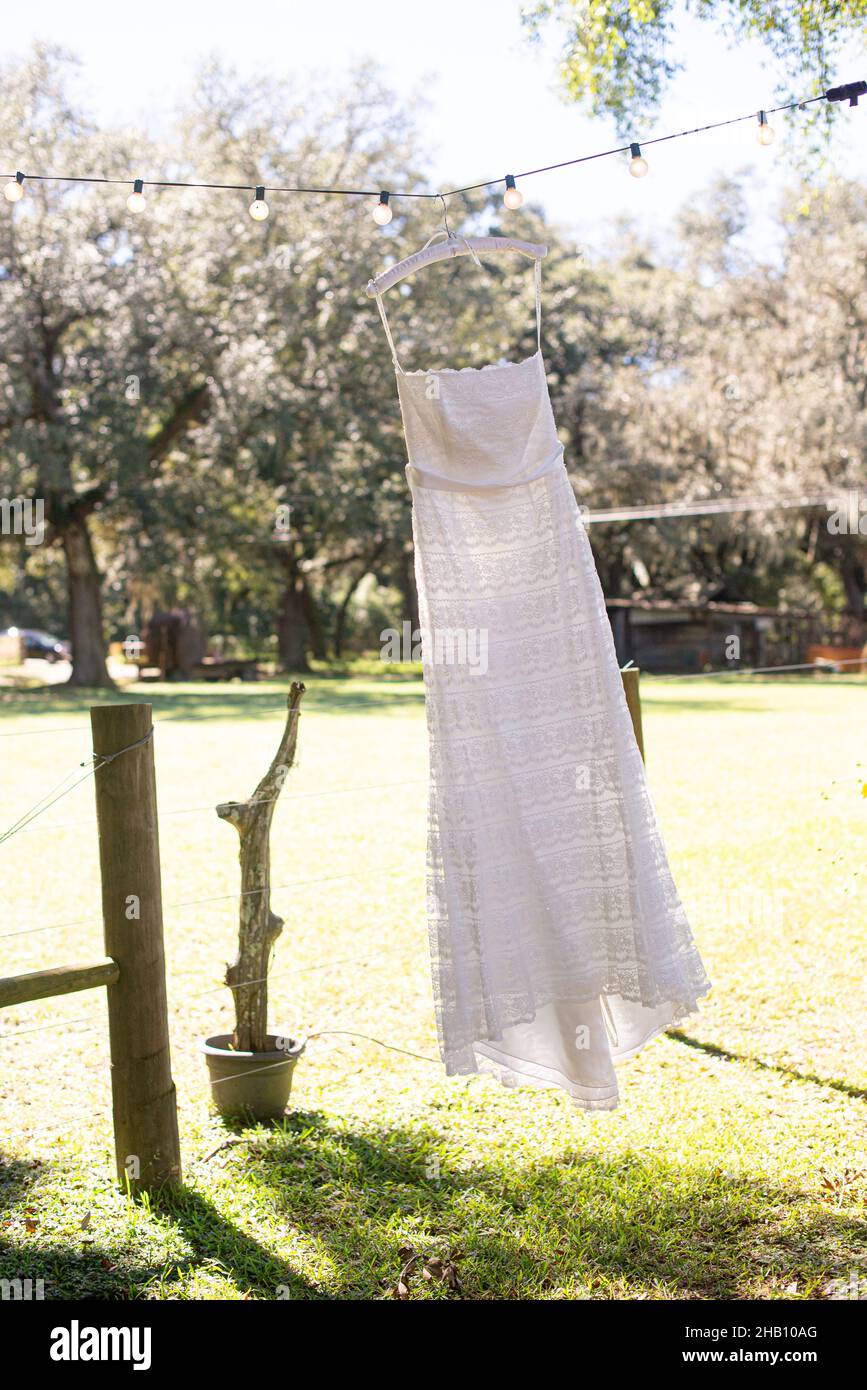 White wedding dress on hanger hanging from tree Stock Photo - Alamy