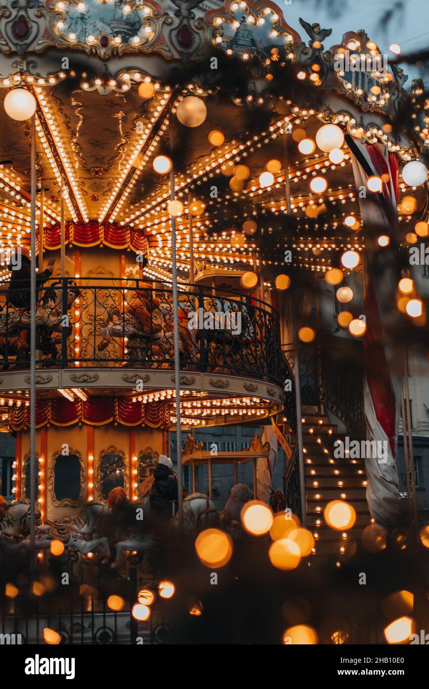 Magic golden vintage children's magic carousel with horses Merry-go ...