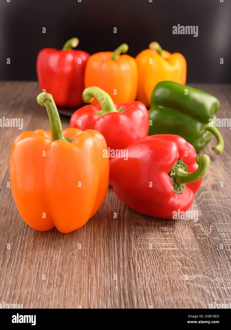 Photo shows peppers in three colors: yellow, red and green. Photo was ...