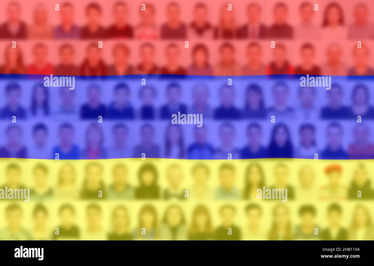 Portraits of many people on the background of the Armenian flag. The ...
