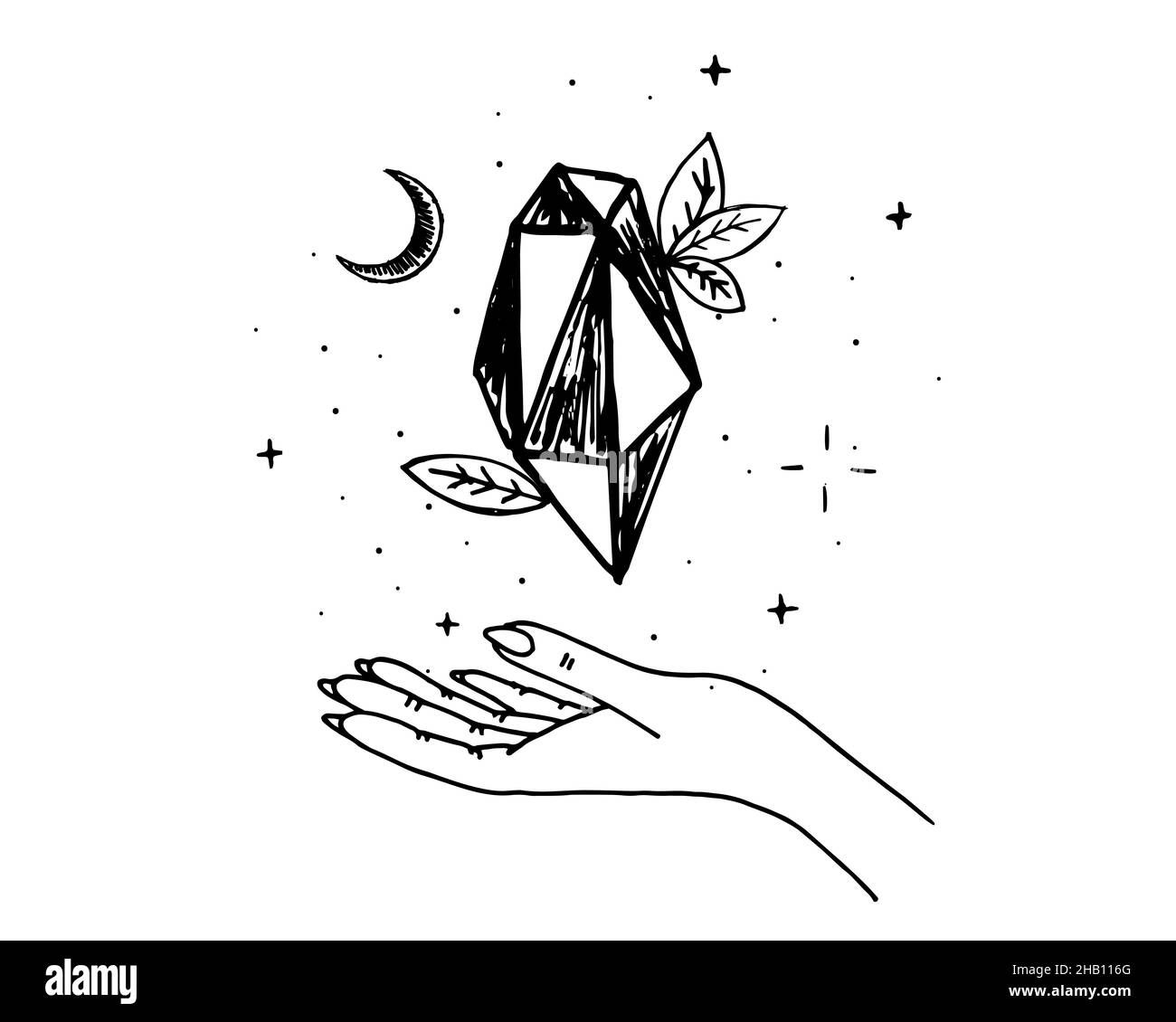 Woman hand holding magic soaring crystal for healing with crescent and ...