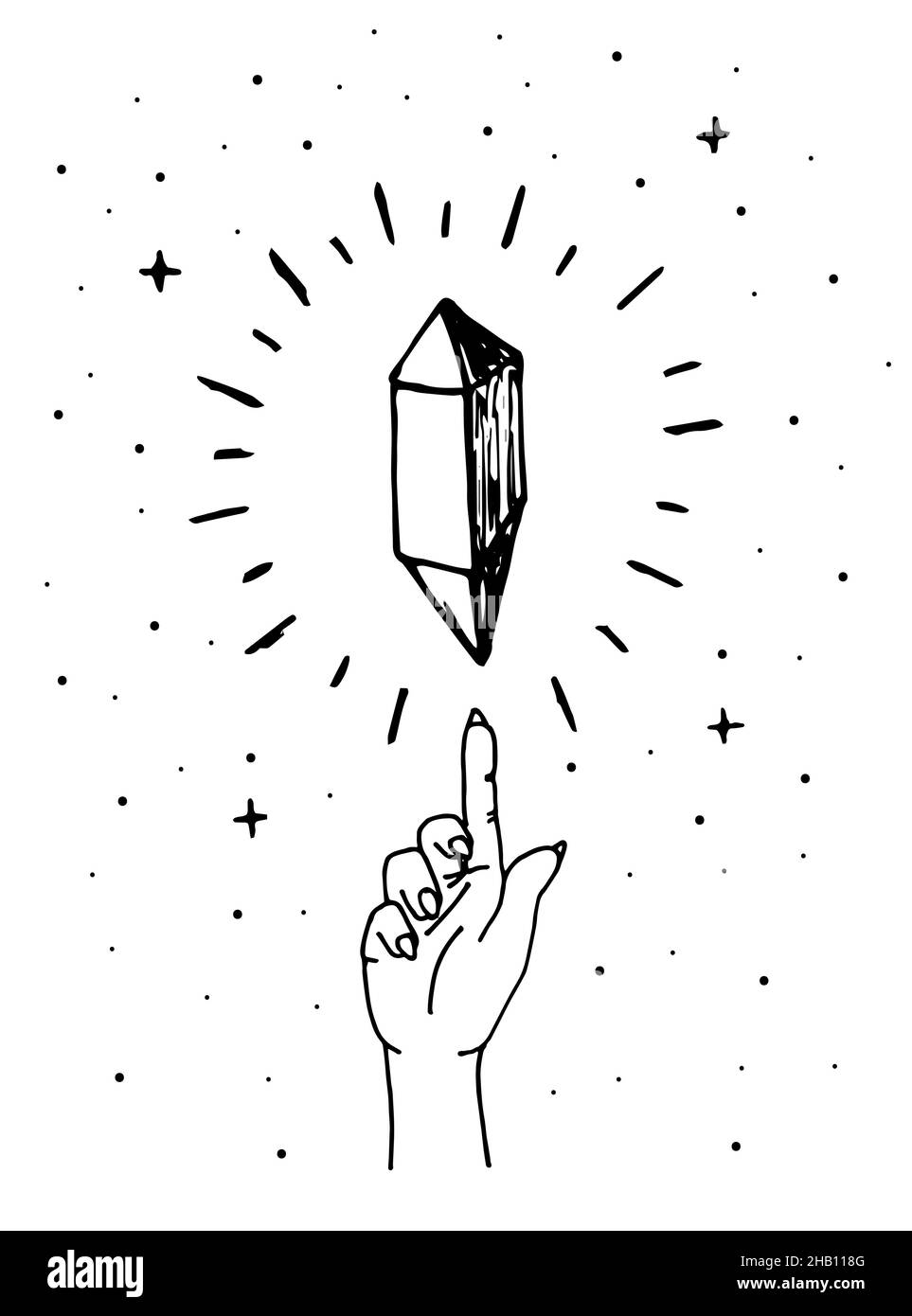 Woman hand finger points to soaring magic sparkling crystal for healing ...