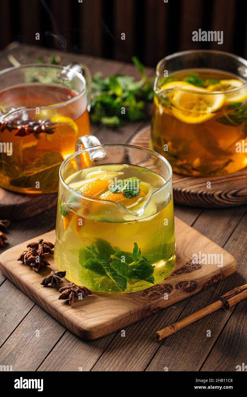 Three glass pots of various hot tea Stock Photo - Alamy