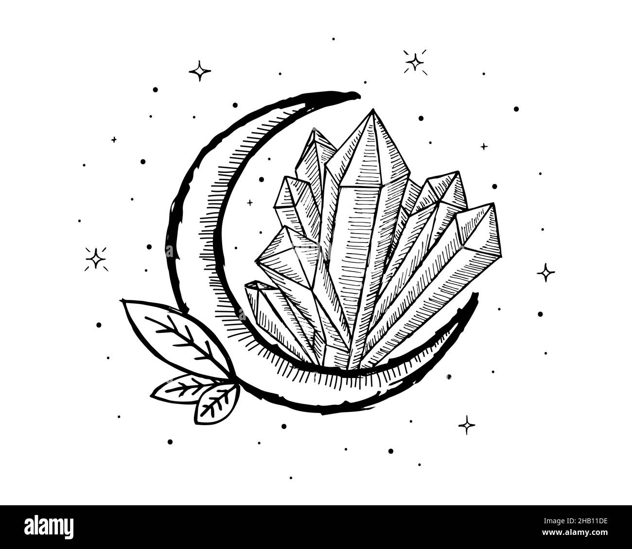 Mystical moon with crystals, stars and leaves. Hand drawn astrology ...